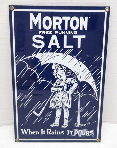 Older porcelain coated "Morton Salt" sign, approx. 8"W x 12"H, like new ...