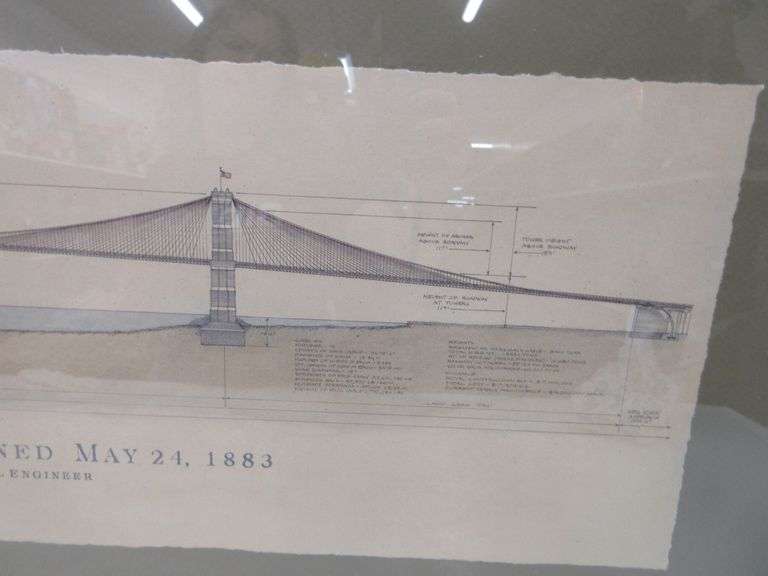 Architectural blueprint print of the Brooklyn Bridge, designed by John ...