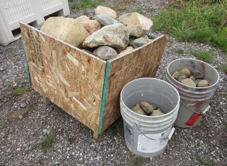 Crate and (2) pails of Michigan field stones, crate- 24" x 24" x 30 ...
