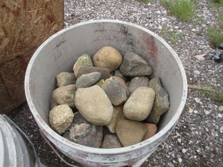 Crate and (2) pails of Michigan field stones, crate- 24" x 24" x 30 ...