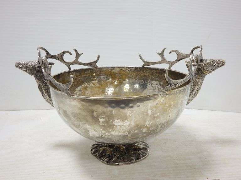 1800's Hammered silver bowl, very rare double stag heads, very detailed ...