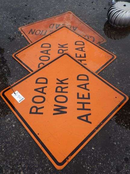 (3) Metal Construction Signs, includes: 2- Road Work Ahead, and 1 ...