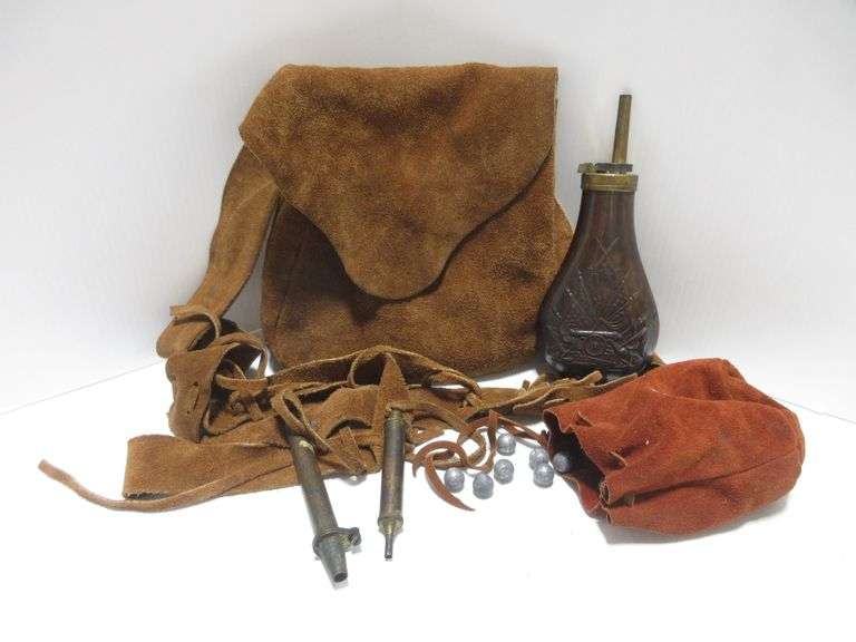 Leather Black Powder Pouch and Sling with (2) Brass Measurers, Brass ...
