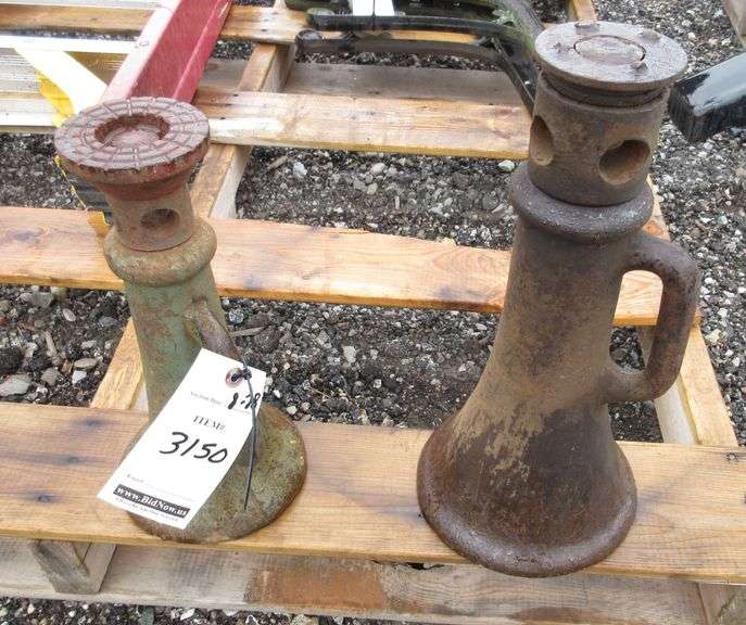 (2) Older large screw lift railroad jack or barn/house foundation jack ...