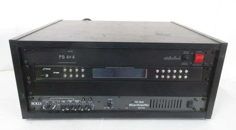 Stereo Amp/tuner/mixer applied research power, pyle PT504 tuner, rolls mixer Amp, in oak cabinet ...