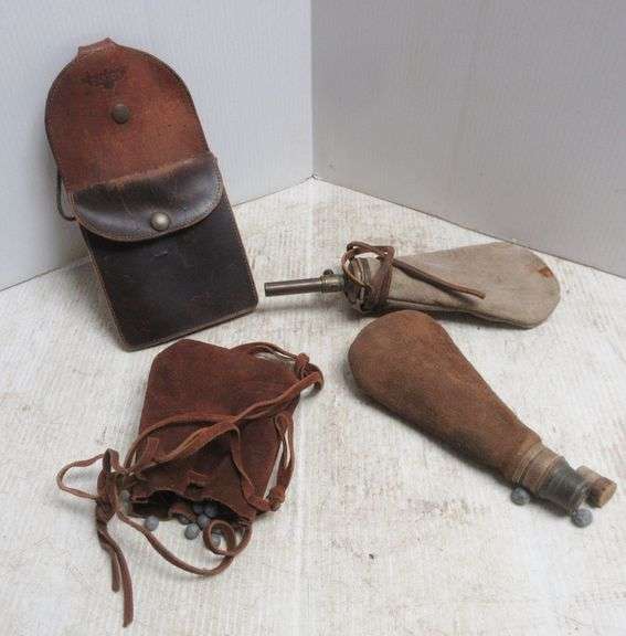 Vintage muzzleloading items, include: Powder, horn, musket ball bag ...