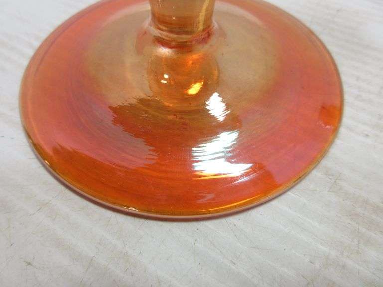 (2) Iridescent orange depression glass candle stick holders, 4 1/2"Dia ...