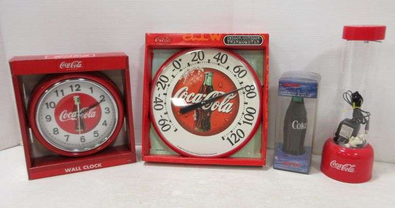 Coca Cola clock, thermometer, lava lamp, and NASCAR bottle, up to 15"H ...