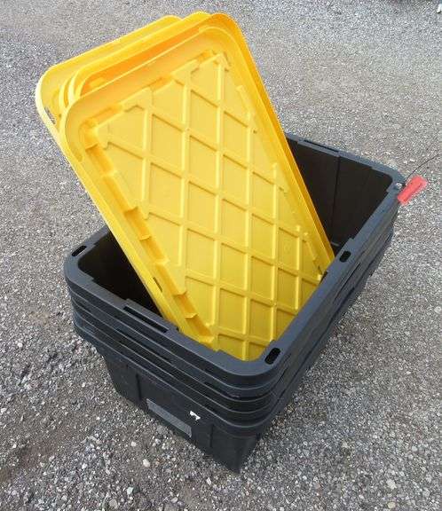 (5) Black tough boxes, 27-Gallon storage totes, construction grade ...