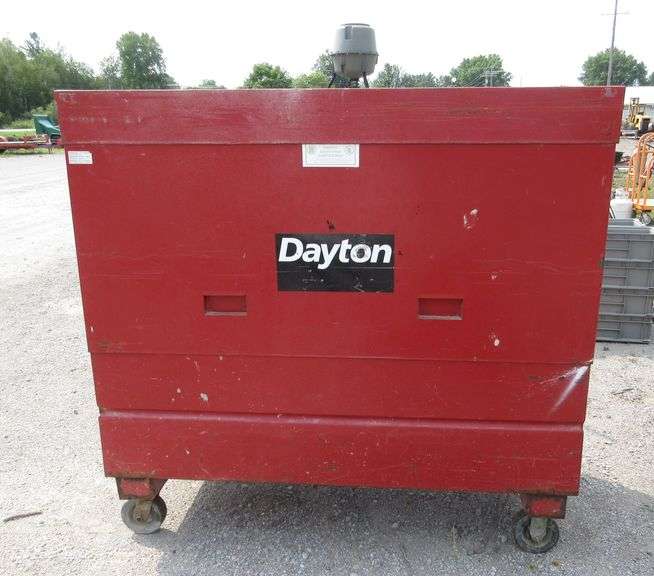 Maroon Dayton job box with four wheels, has two-shelves in it, one ...