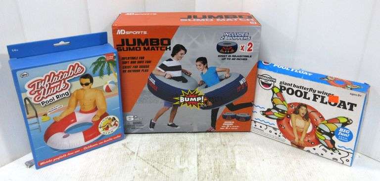 (2) Inflatable pool floaties, and Jumbo sumo match, all NIB - Albrecht ...