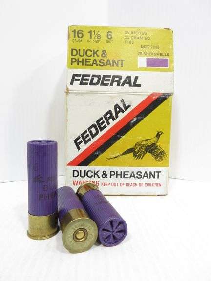 Box of Federal duck and pheasant loads, 16-Gauge 1 1/8 shot, No. 6 shot ...