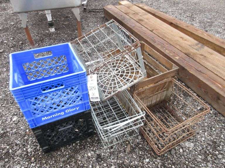 (3) Wire bins, (2) Plastic milk crates, (2) Metal milk crates, and a ...