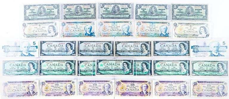 Collection of Canada Banknotes - 29 pieces total, variety of dates and ...
