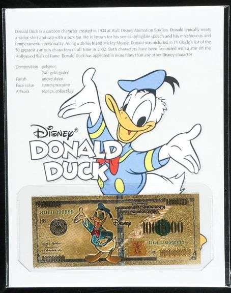 Disney Donald Duck 24kt Gold Gilded Collectible Million Dollar Note on ...
