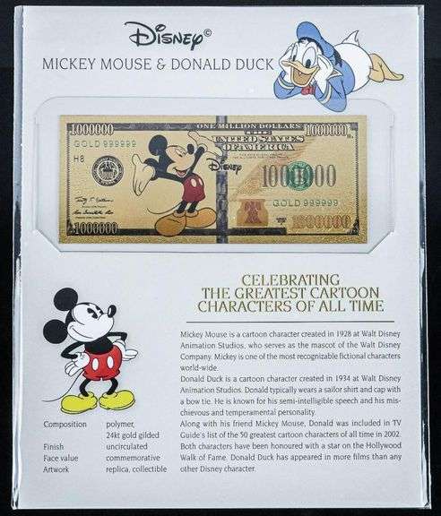 Disney Donald Duck 24kt Gold Gilded Collectible Million Dollar Note on ...