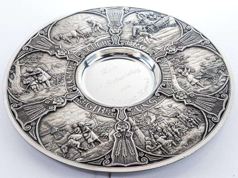 German Pewter Collector Plate, Hand Hammered Pattern - The Auction Vault