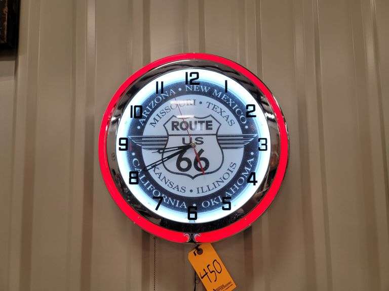 Route 66 Neon Electric Clock - Assiter Auctioneers