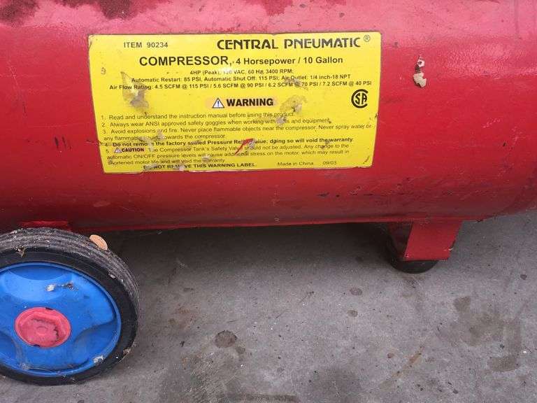 Central Pneumatic 4hp 10 gal Compressor 90234 - Assiter Auctioneers