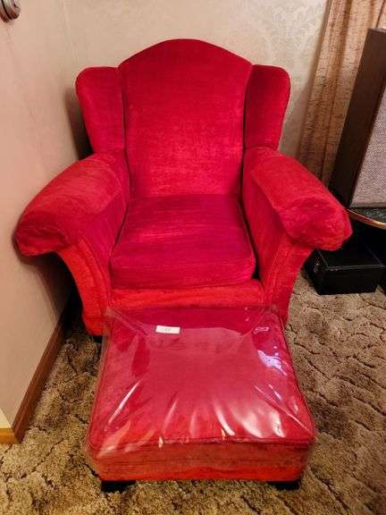 Red Upholstered Chair and Ottoman - Baer Auctioneers - Realty, LLC