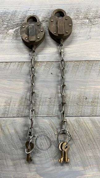 2 Antique Brass Railroad Locks and Keys - Baer Auctioneers - Realty, LLC