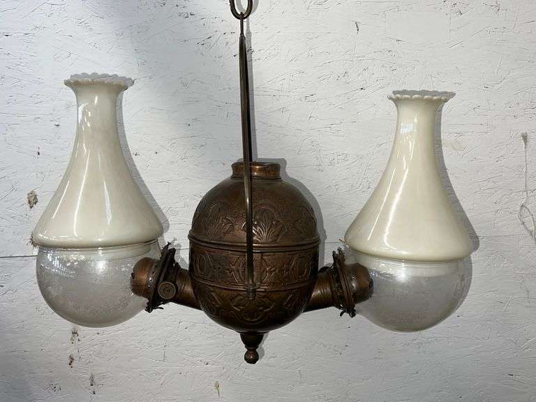Antique Double Burner Angle Manufacturing Co. Hanging Copper Oil Lamp w ...