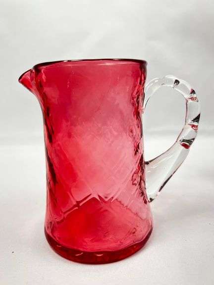 2 Vintage Fenton Quilted Diamond Optic Cranberry Syrup Pitchers w/ Attached Handles - Baer ...