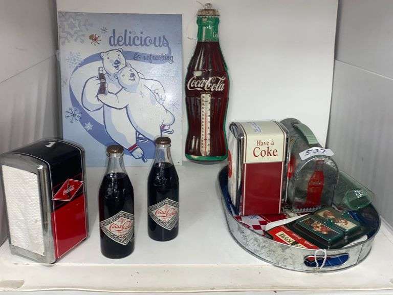 Coca Cola Advertising Sign, 2 Napkin Holders, 2 Coca Cola Bottes ...