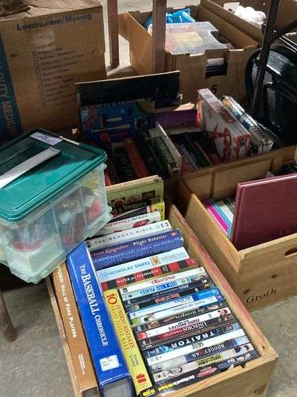 3 Crates Movies and Books, Sewing Supplies - Baer Auctioneers - Realty, LLC