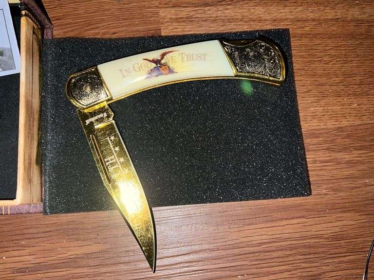 Falkner “In God We Trust” Folding Knife and Box, Wyatt Earp Folding Gun ...