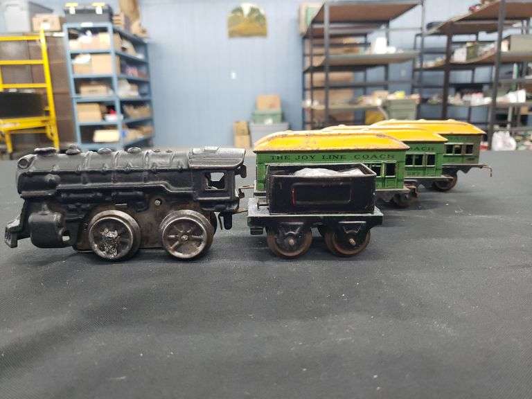 Antique Cast Iron Key Wound Train Locomotive with 3 Joy Line Coach ...