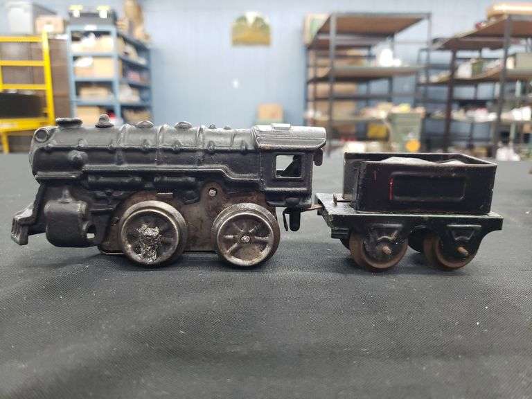 Antique Cast Iron Key Wound Train Locomotive with 3 Joy Line Coach ...