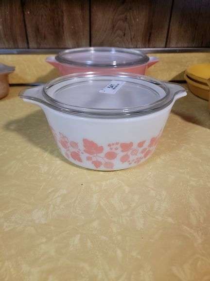 2 Vintage Pyrex Dishes, Pink Gooseberry Pattern - Baer Auctioneers ...