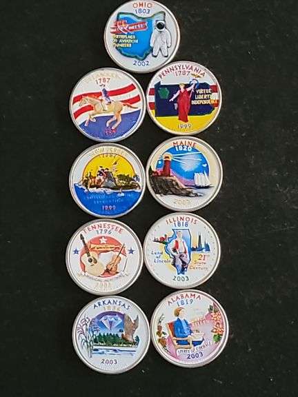 9 Colorized State Quarters - Baer Auctioneers - Realty, LLC