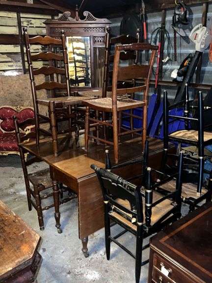 Drop Leaf Table w/ 9 Rush Bottom Chairs - Baer Auctioneers - Realty, LLC