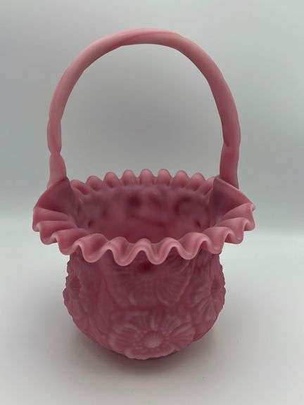 Fenton Pink Satin Poppy Basket with Attached Handle - Baer Auctioneers ...