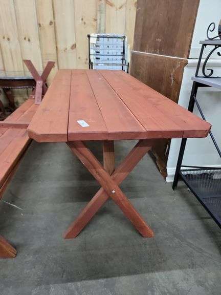 Redwood Stained Picnic Table W/ Wheels On 1 End - Baer Auctioneers ...