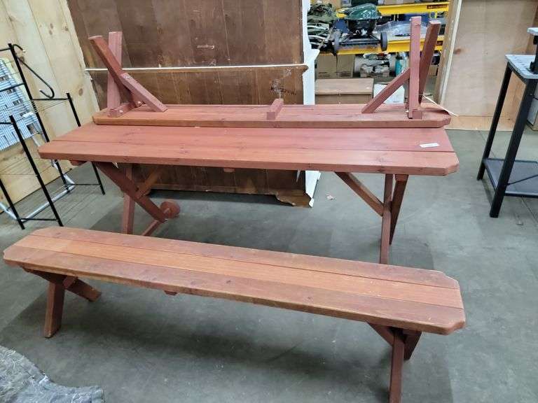 Redwood Stained Picnic Table W/ Wheels On 1 End - Baer Auctioneers ...