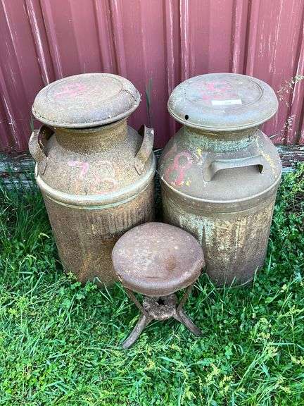 Antique Metal Milking Stool, 2 Milk Cans - Baer Auctioneers - Realty, LLC