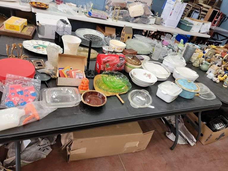 Contents Of Table & Under Table, Corningware Casserole Dishes, Baskets ...