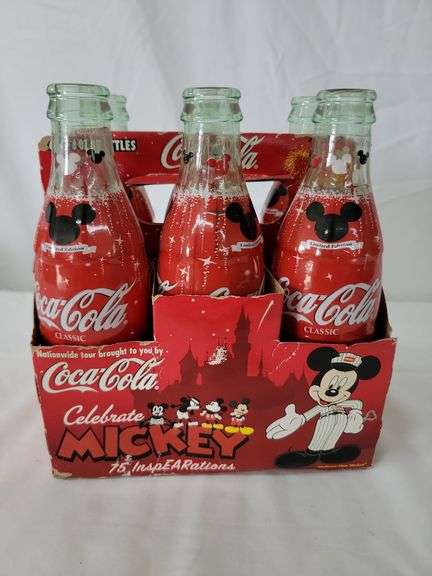Mickey Mouse Coca-Cola Bottles In Holder - Baer Auctioneers - Realty, LLC
