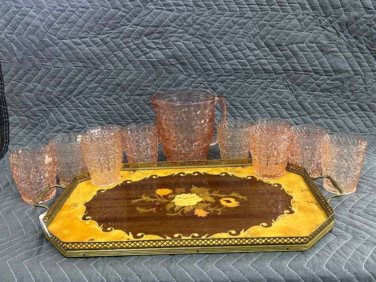 Nice Set of Jeannette Pink Depression Button and Bow Pitcher and ...