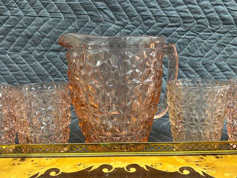 Nice Set of Jeannette Pink Depression Button and Bow Pitcher and ...