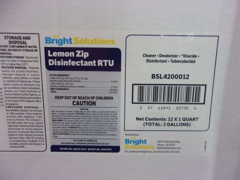 CASES: BRIGHT SOLUTIONS LEMON ZIP DISINFECTANT RTU - 12 X 1 QUART CASE ...