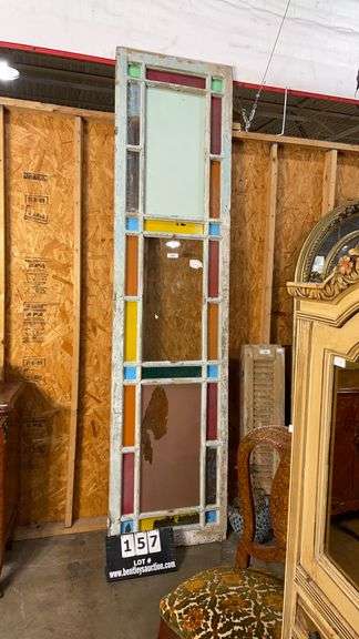 1 LARGE BLUE PAINTED RAINBOW COLORED GLASS PANED WINDOW- 110 1/2" X27 ...