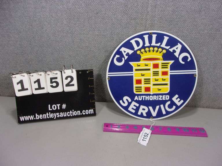 ANDE ROONEY PORCELAIN ENAMELED SIGN - CADILLAC SERVICE - 11-1/4" ROUND ...