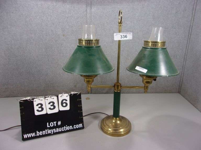 VINTAGE BRASS & GREEN METAL TWIN BULB DESK LAMP - Bentley & Associates, LLC