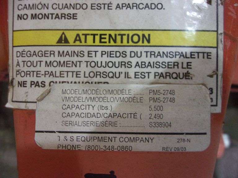 VESTIL PMS-2748 5500# HYDRAULIC PALLET JACK - Bentley & Associates, LLC