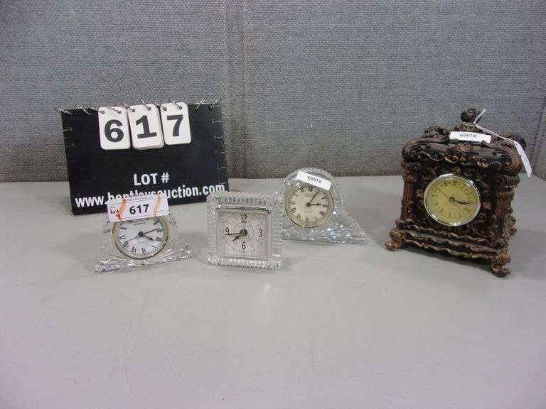 LOT: (4) ASSORTED RESIN CAST & PRESSED GLASS SMALL QUARTZ CLOCKS ...