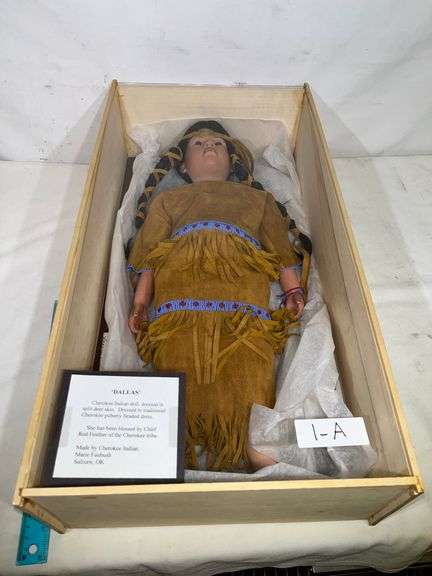 CHEROKEE INDIAN DOLL, DRESSED IN SPLIT DEER SKIN. MADE BY MARIE FAUBUSH ...